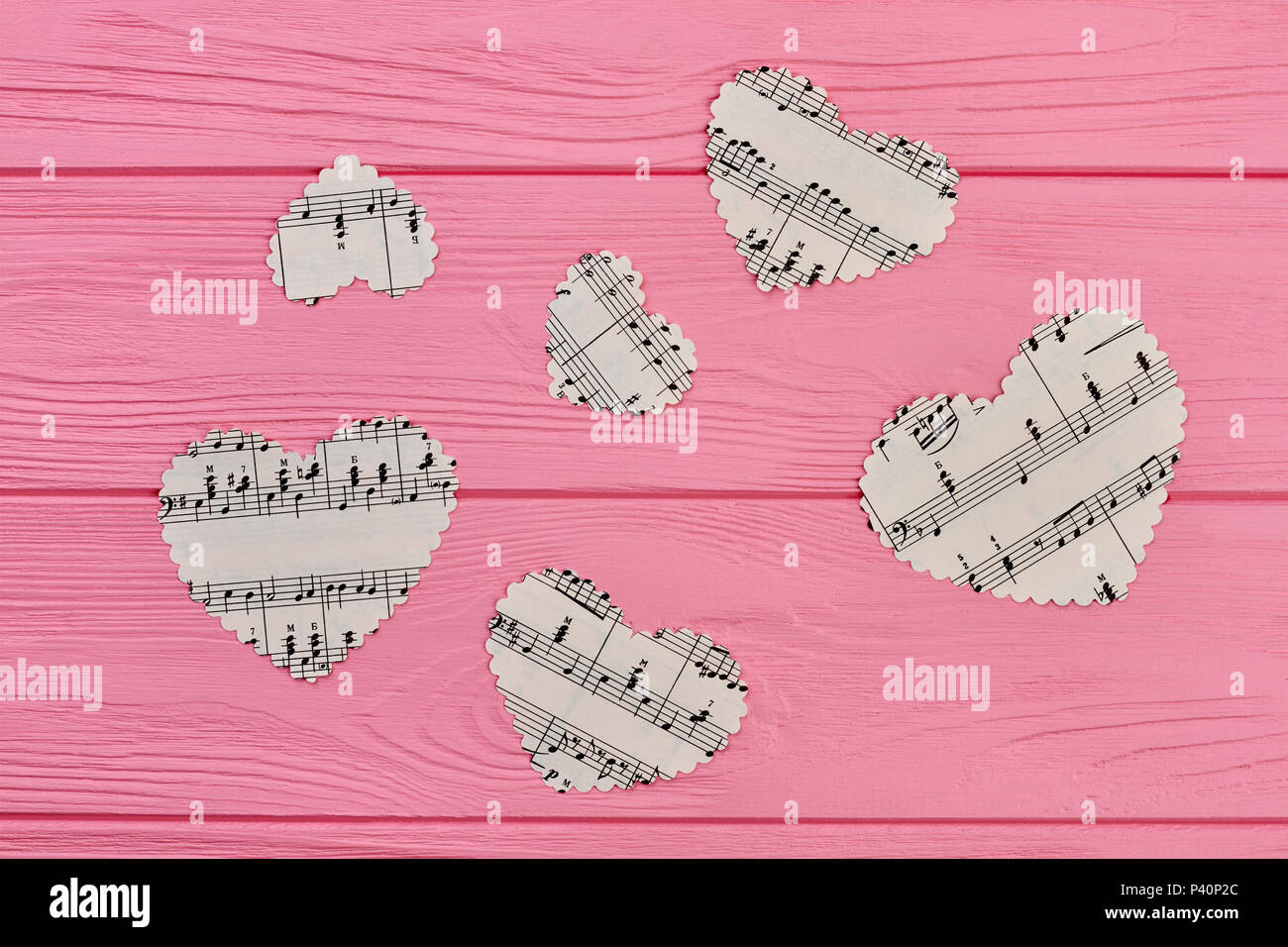 Set of paper hearts with notes, top view. Valentines Day paper hearts ...