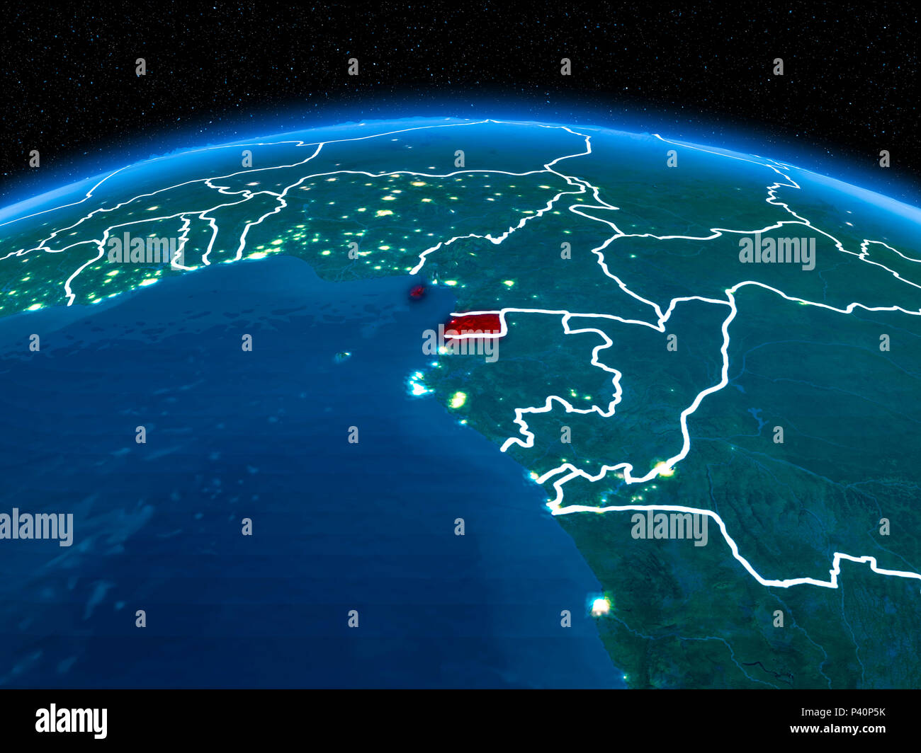 Orbit view of Equatorial Guinea highlighted in red with visible borderlines and city lights on ...