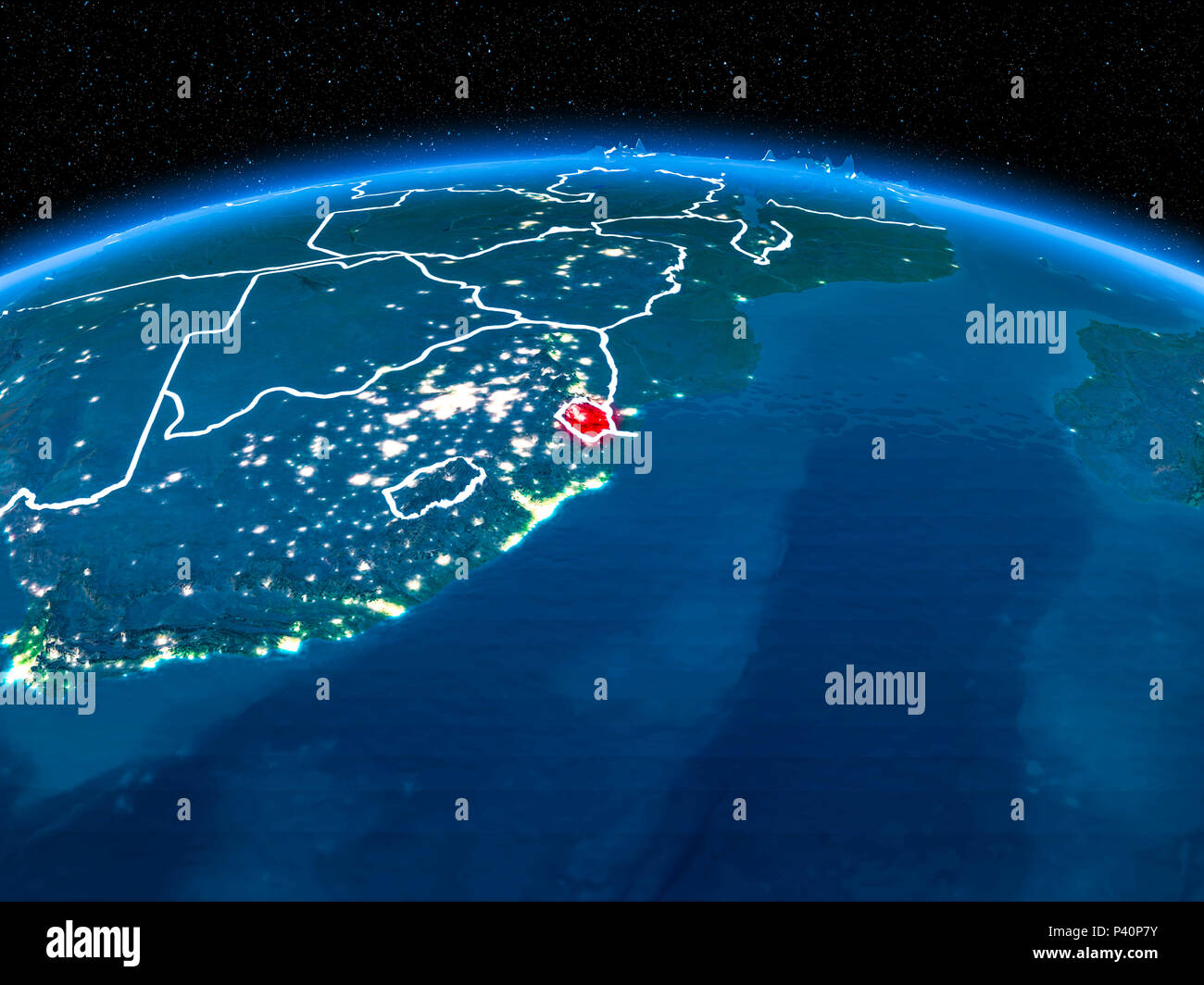 Orbit view of Swaziland highlighted in red with visible borderlines and city lights on planet ...