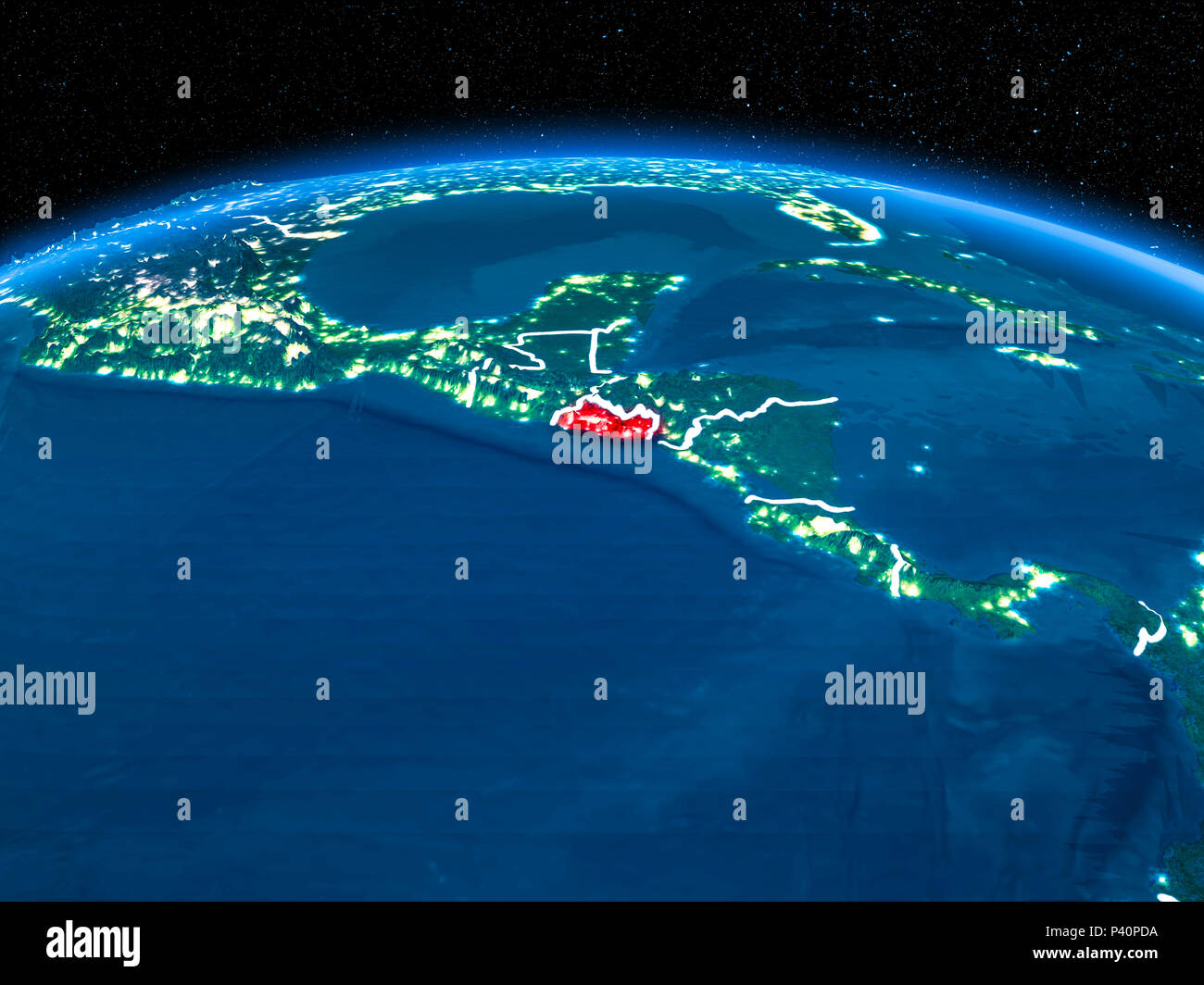 Orbit view of El Salvador highlighted in red with visible borderlines and city lights on planet ...