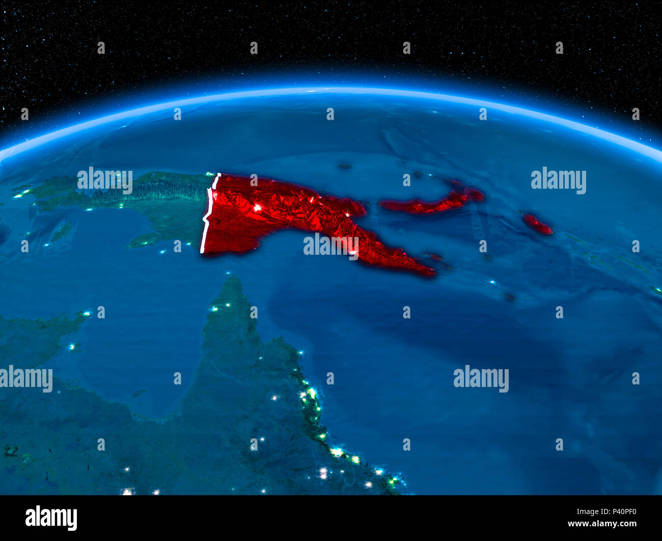 Orbit view of Papua New Guinea highlighted in red with visible borderlines and city lights on ...