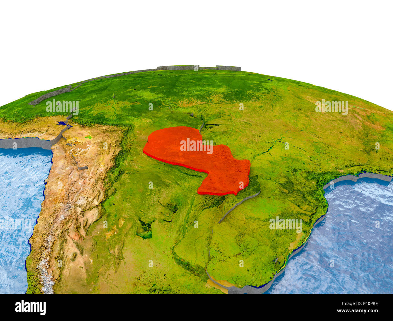 Paraguay highlighted in red on globe with realistic land surface ...