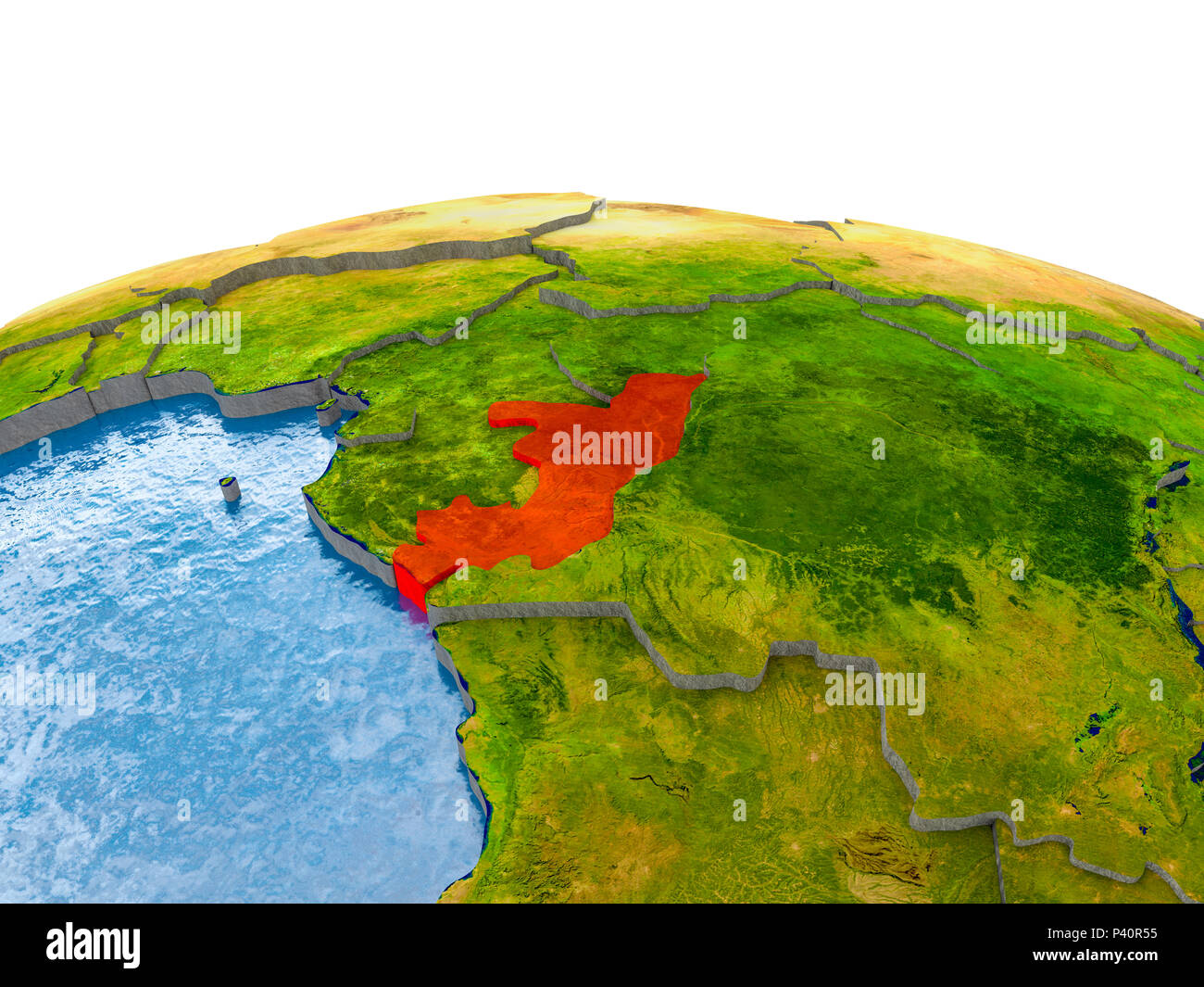 Congo highlighted in red on globe with realistic land surface, visible ...