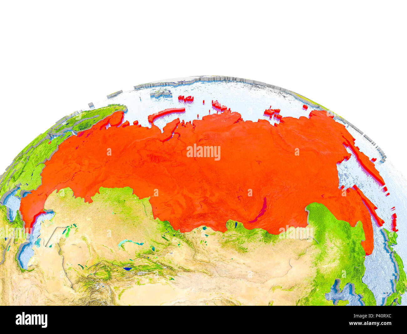 Russia highlighted in red on globe with realistic land surface, visible ...