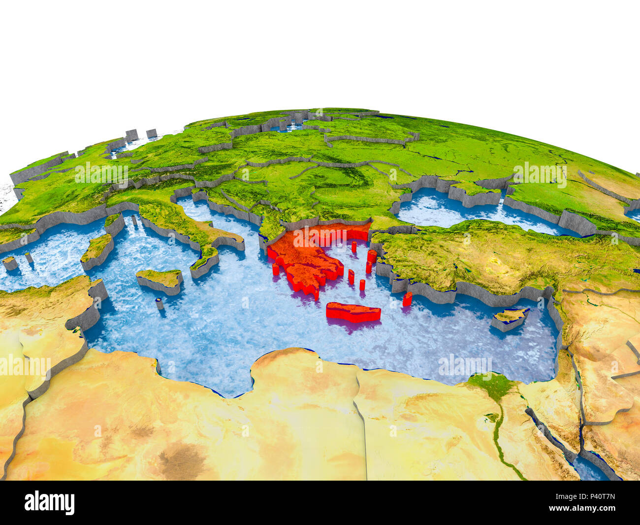 Greece highlighted in red on globe with realistic land surface, visible ...