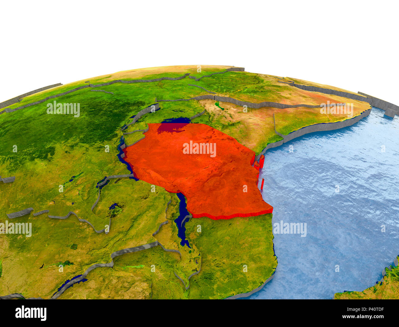 Tanzania highlighted in red on globe with realistic land surface ...