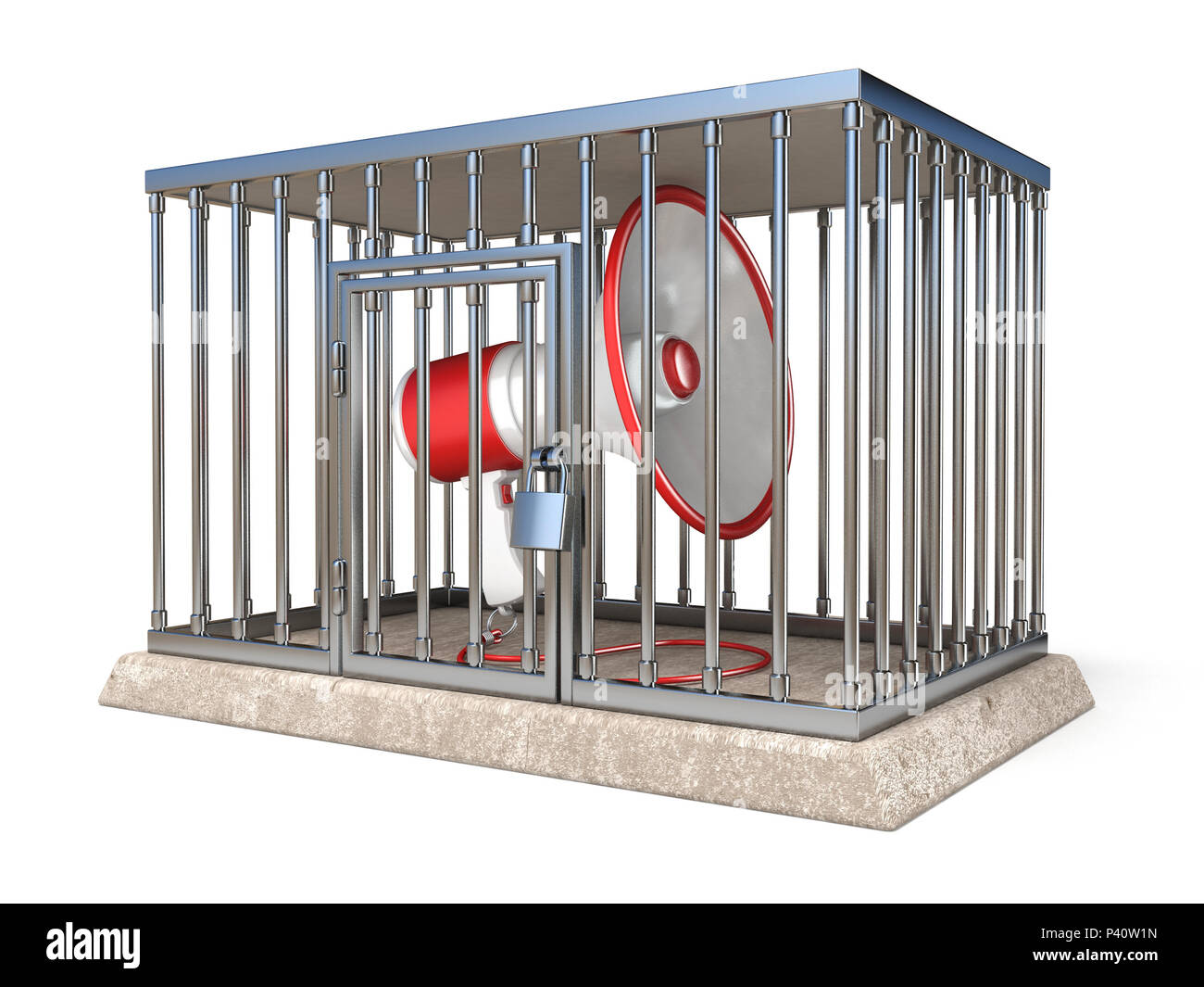 Megaphone inside metal cage 3D render illustration isolated on white ...