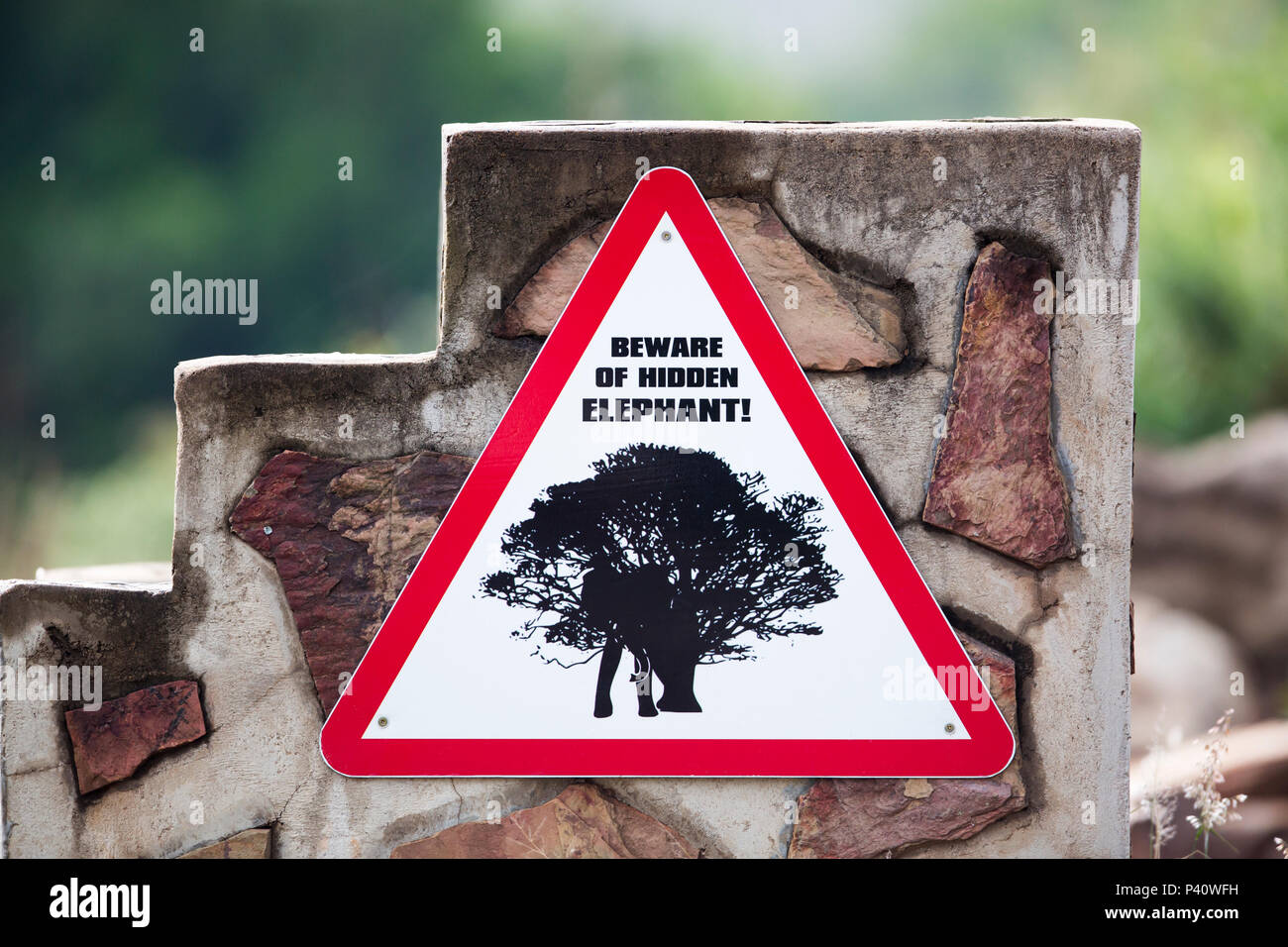 Elephant warning sign, Itala Game Reserve, KwaZulu-Natal, South Africa ...