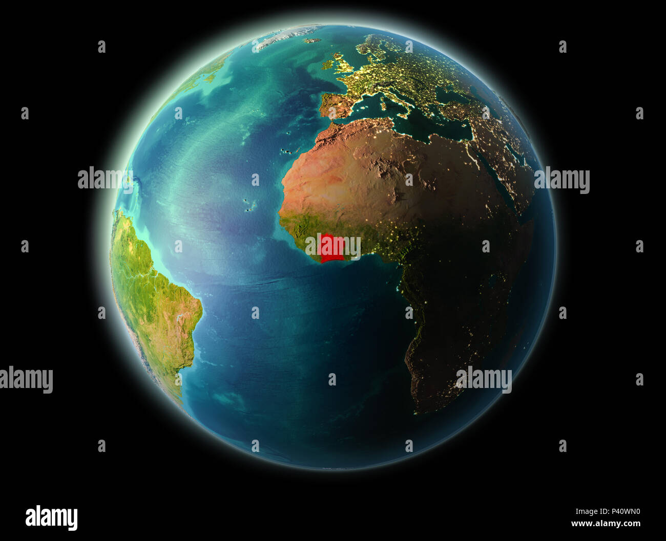 Ivory Coast from orbit of planet Earth at night with highly detailed ...