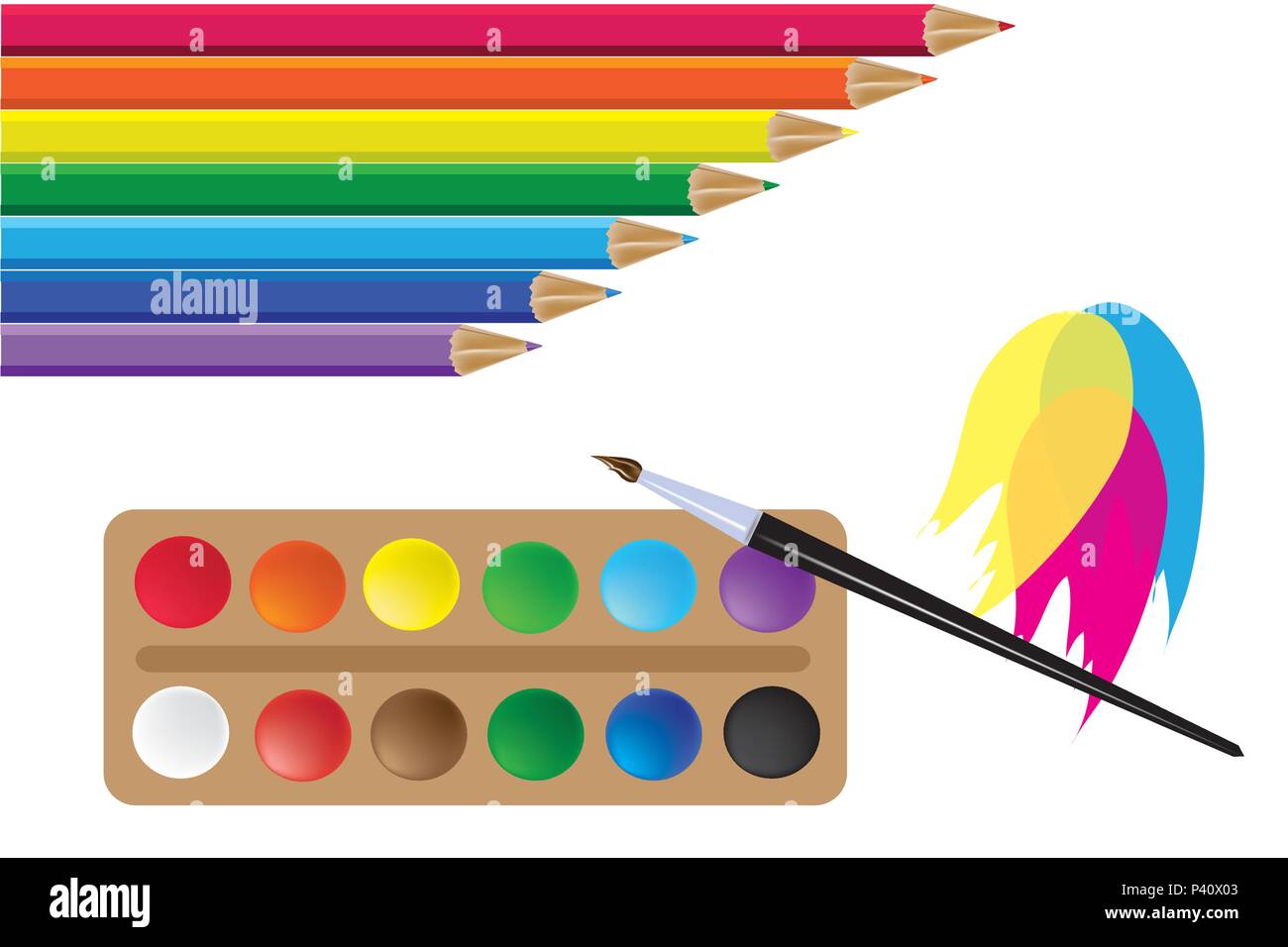 vector illustration with scene of the crayons and paints with the ...