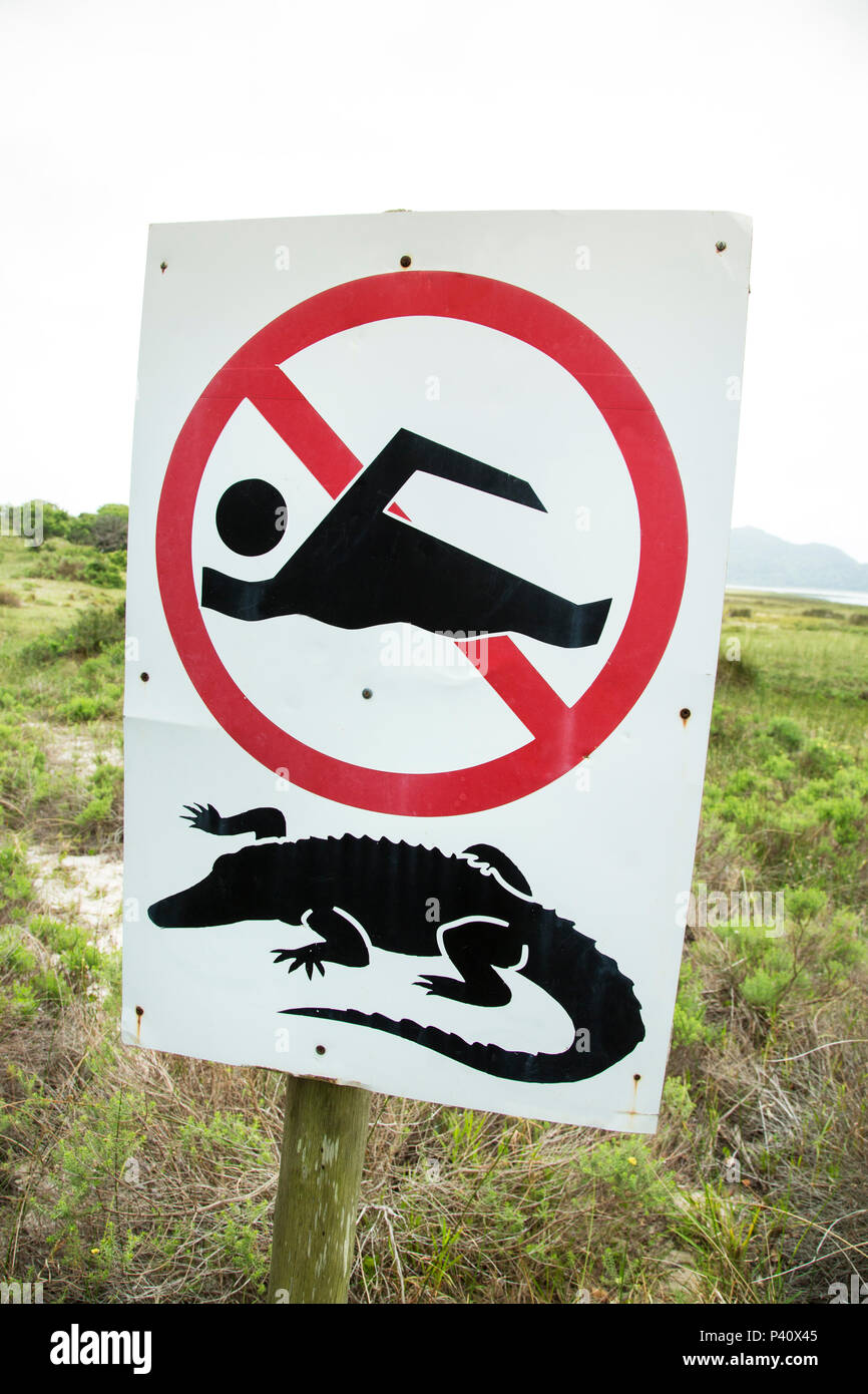 Crocodile warning sign, iSimangaliso Wetland Park, KwaZulu-Natal, South ...