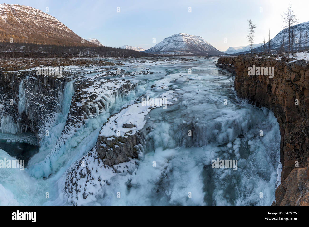 Frozen waterfall, Putoransky State Nature Reserve, Putorana Plateau ...