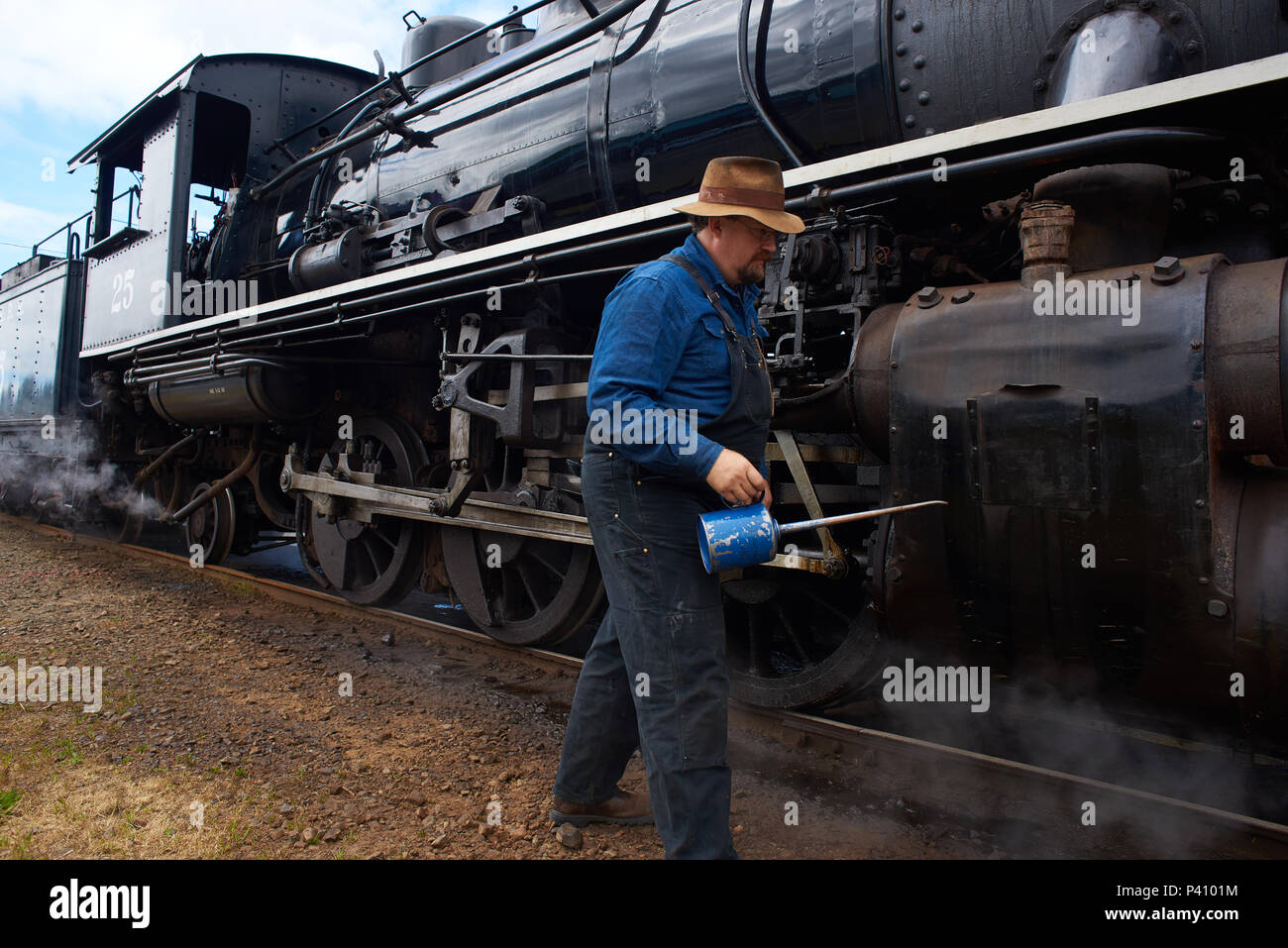 ROCKAWAY BEACH, OREGON-JUNE 15, 2018: An oiler lubricates the old steam ...
