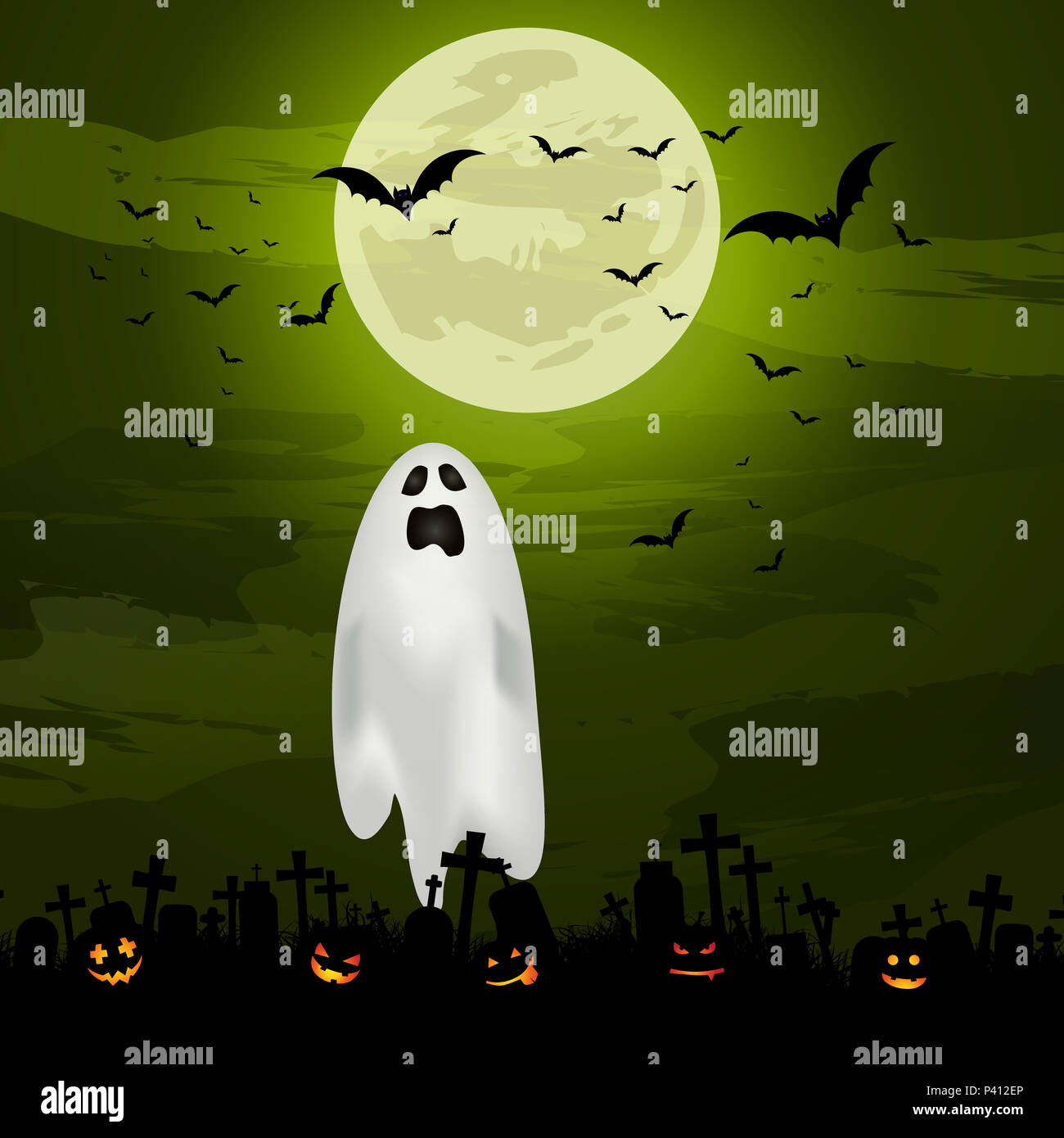Halloween background with spooky ghost and pumpkins Stock Photo - Alamy