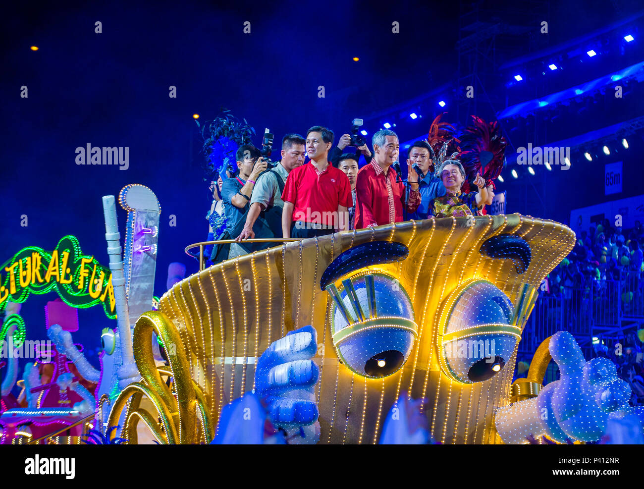 Singapore Prime Minister Lee Hsien Loong in a float procession during ...