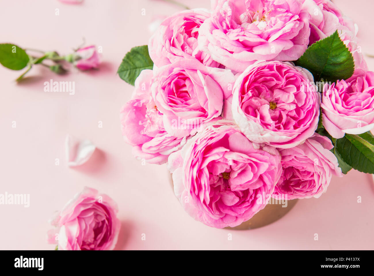 Top view tender pink tea roses bouquet in vintage pot on the pink ...