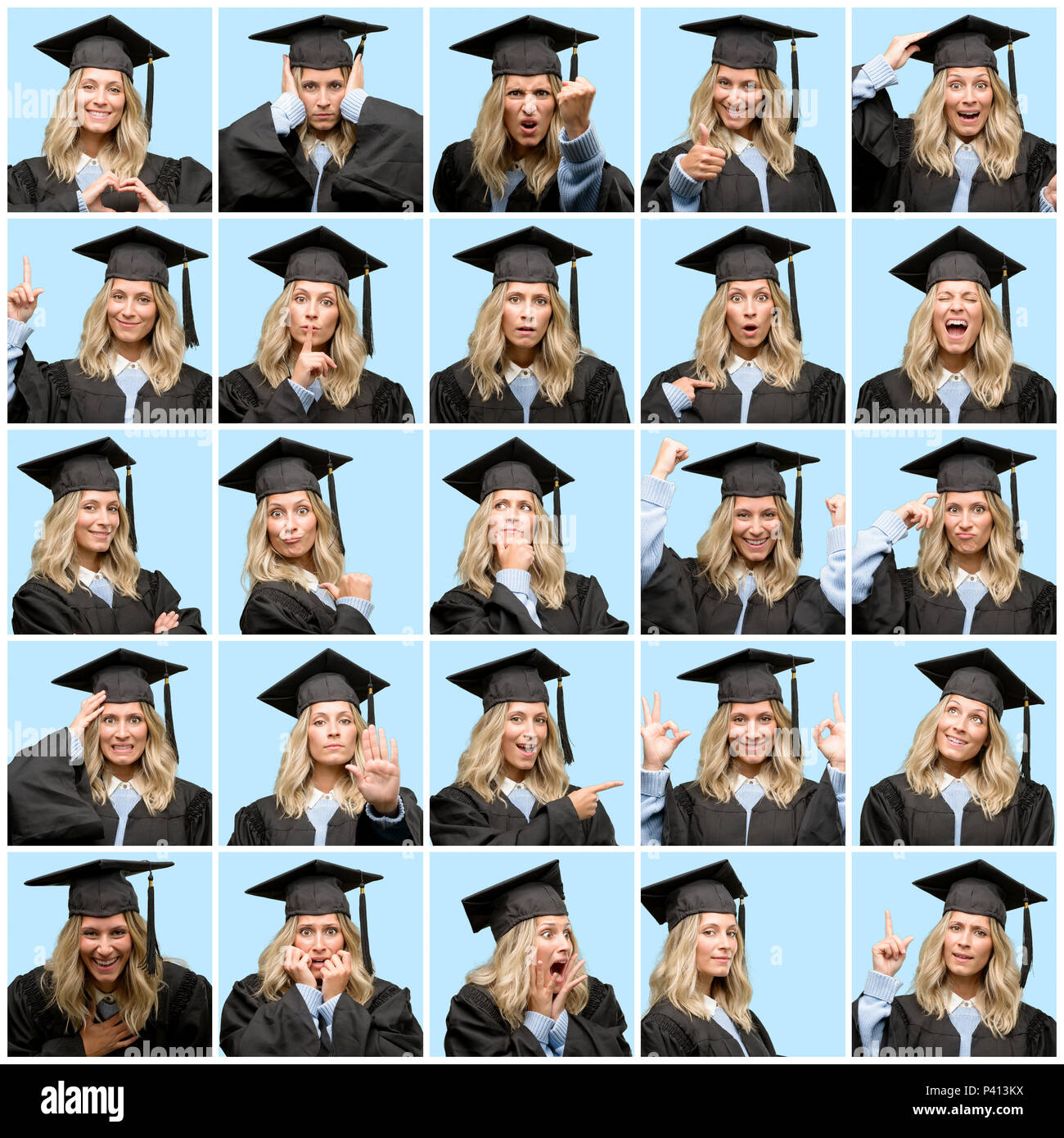 Young beautiful woman wearing graduation cap very happy doing gesture ...