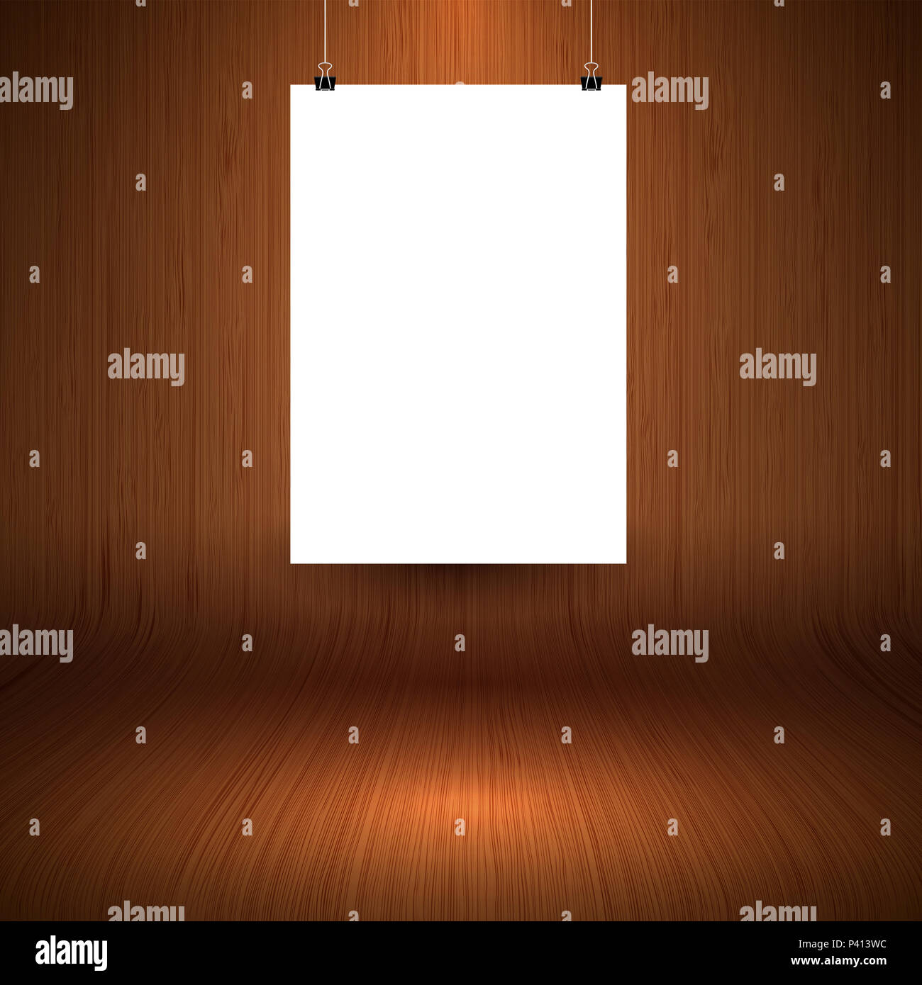 Modern curved wooden display background with blank hanging picture ...