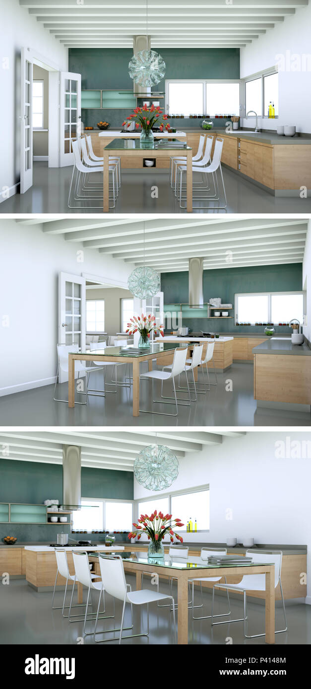 3d Illustration of three views of a modern kitchen with a beautiful ...