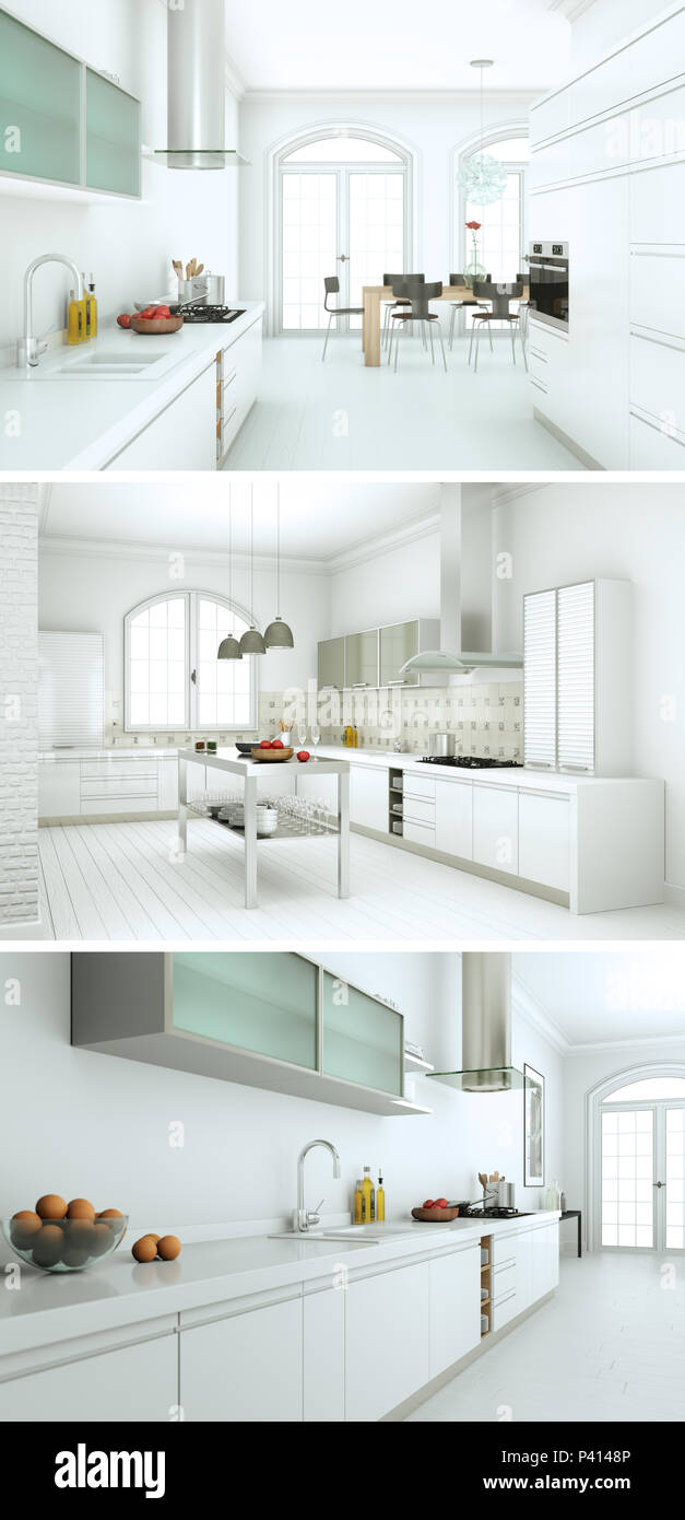 3d Illustration of three views of a modern kitchen with a beautiful ...