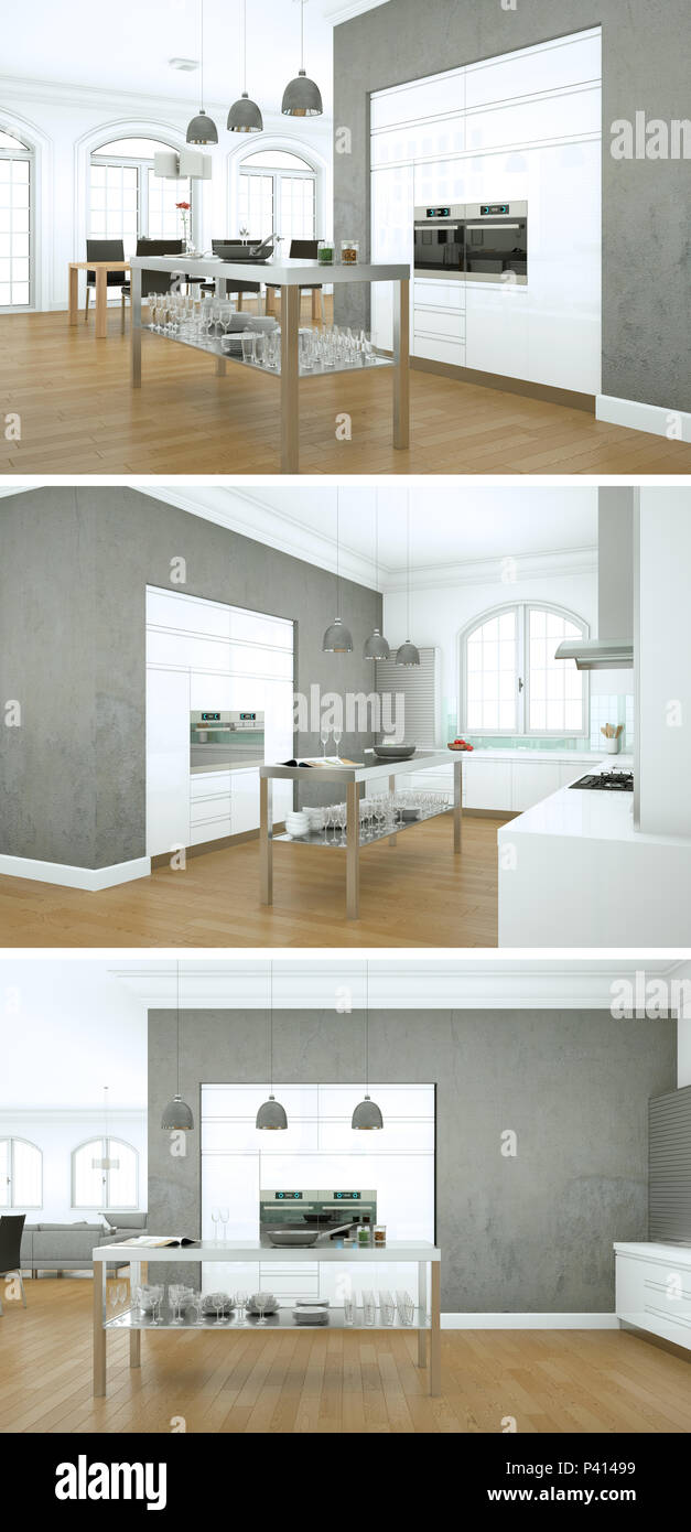 3d Illustration of three views of a modern kitchen with a beautiful ...