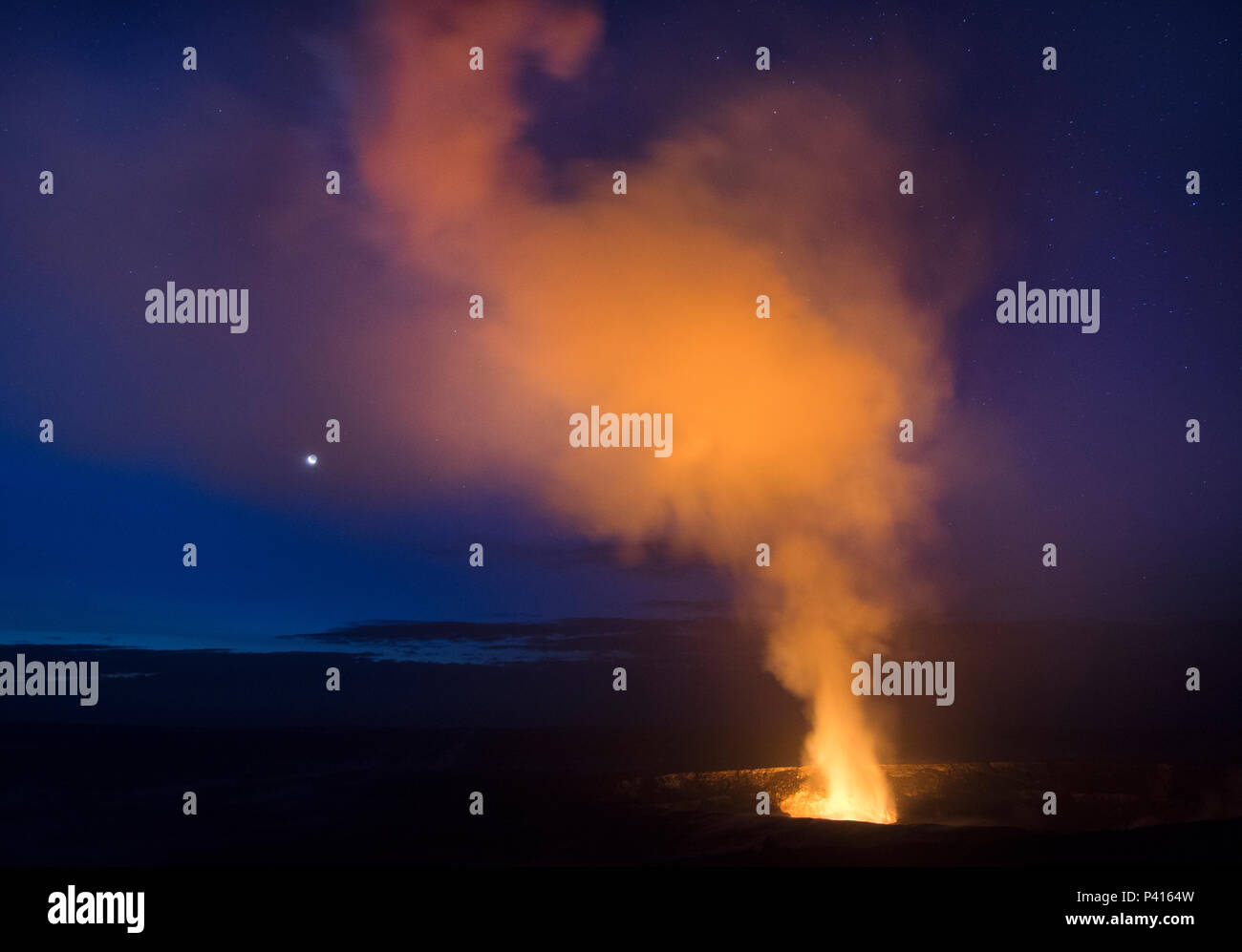 Volcano with crescent moon at night, Mount Kilauea, Hawaii Volcanoes ...