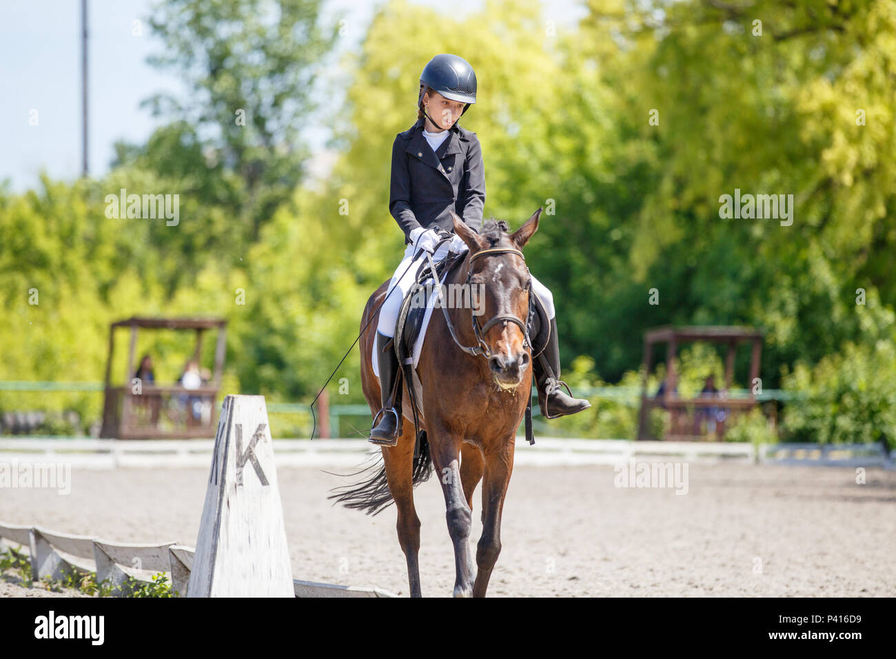 Young girl riding horse on equestrian competition. Equestrian dressage ...