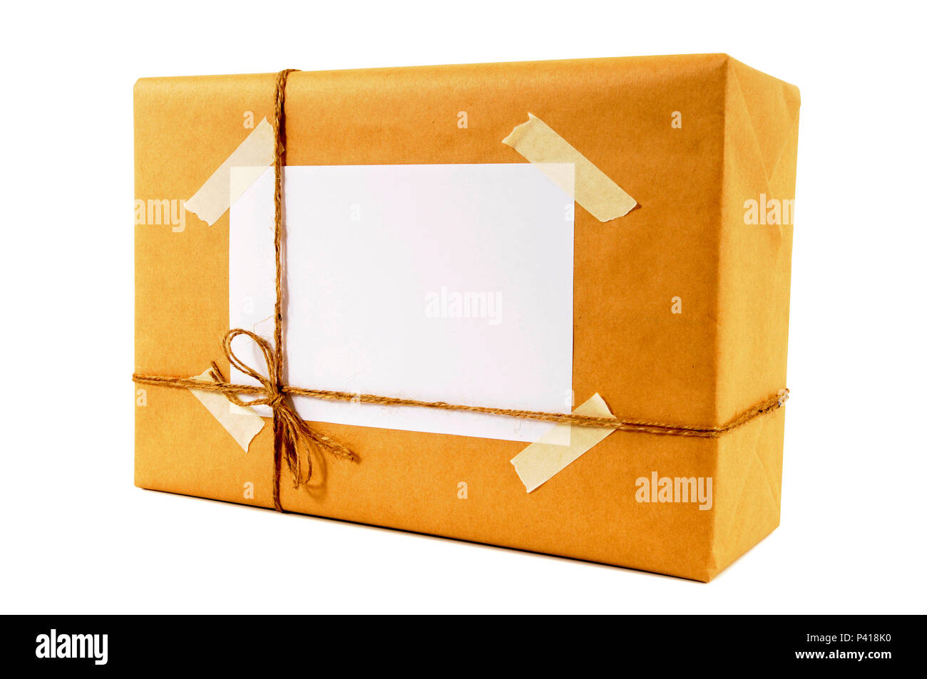 Brown paper packet with label and untidy sticky tape Stock Photo - Alamy