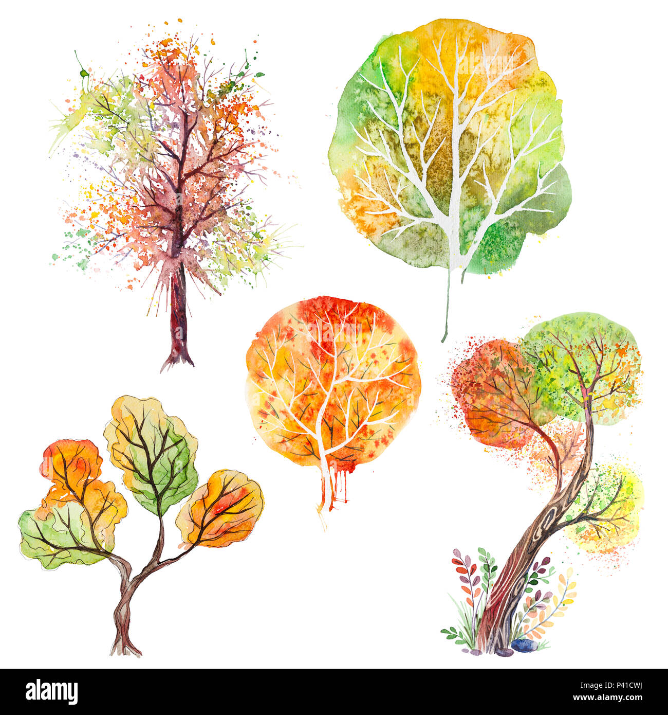 Set of Watercolor Autumn Trees Stock Photo - Alamy