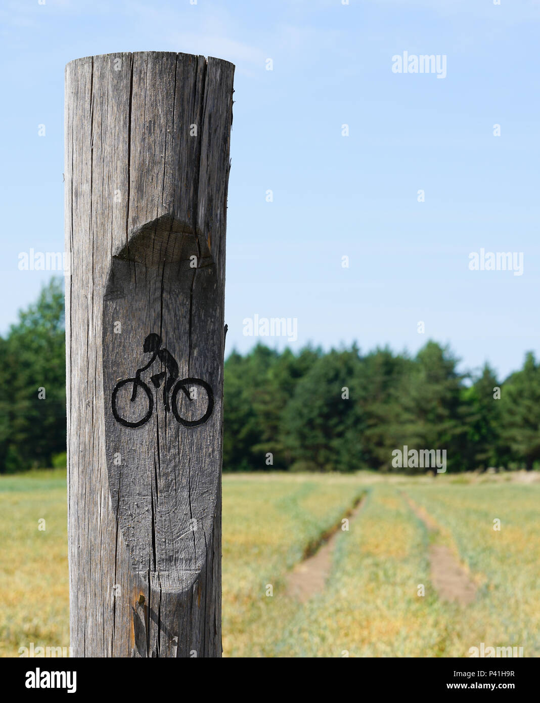original bicycle path sign from wood material Stock Photo - Alamy