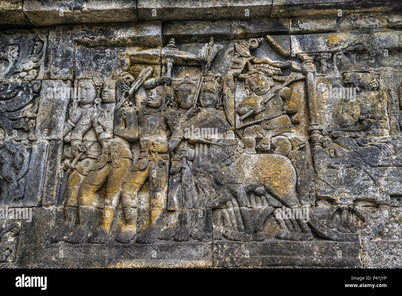 bas relief panel on a balustrade of 9th century Borobudur Buddhist ...