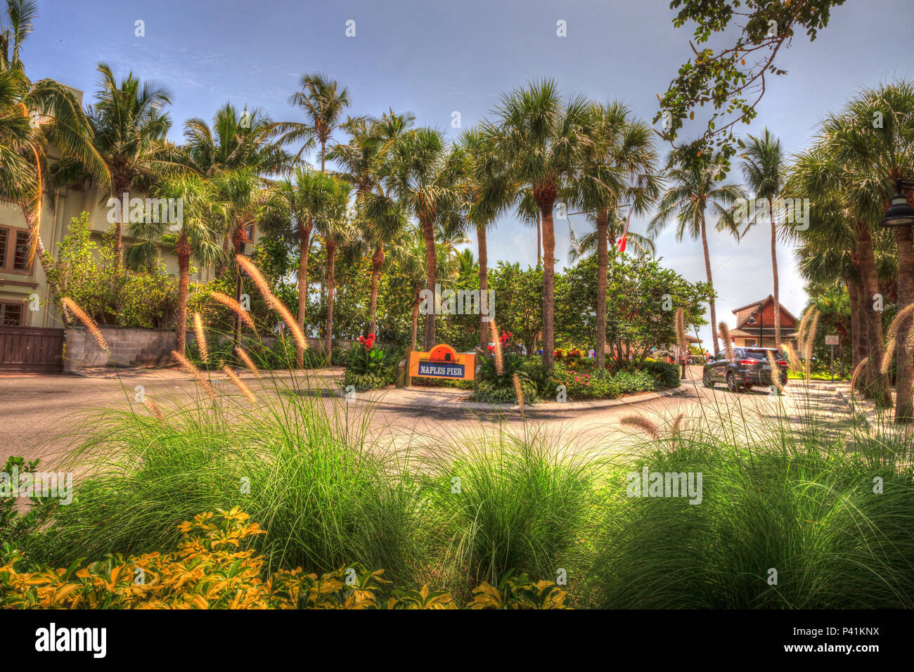 Entrance of the Naples Pier with tropical flowers in the summer in ...