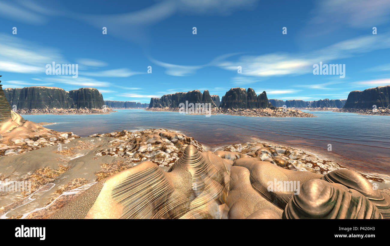 Fantasy alien planet. Mountain and water. 3D illustration Stock Photo ...