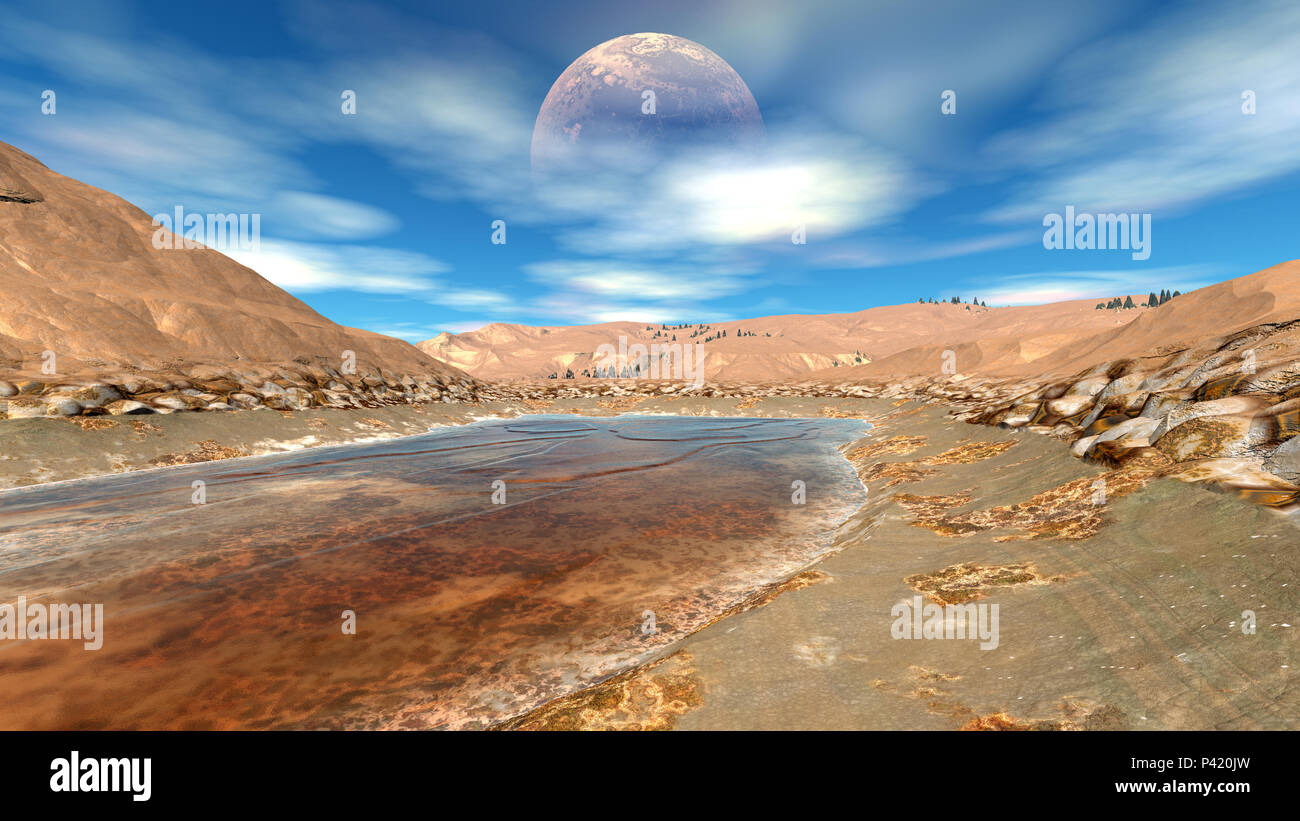 Fantasy alien planet. Mountain and water. 3D illustration Stock Photo ...