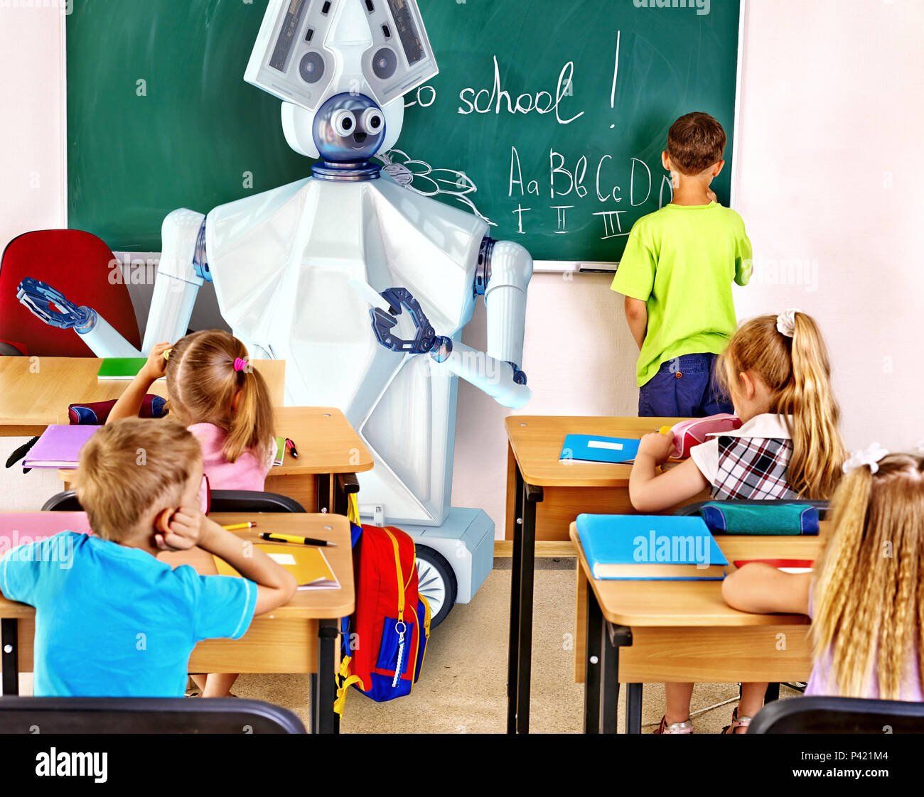 Teacher robot with school children in school class near blackboard ...