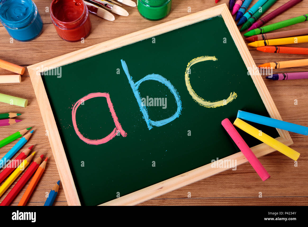 ABC written in color chalk on a small elementary blackboard with ...