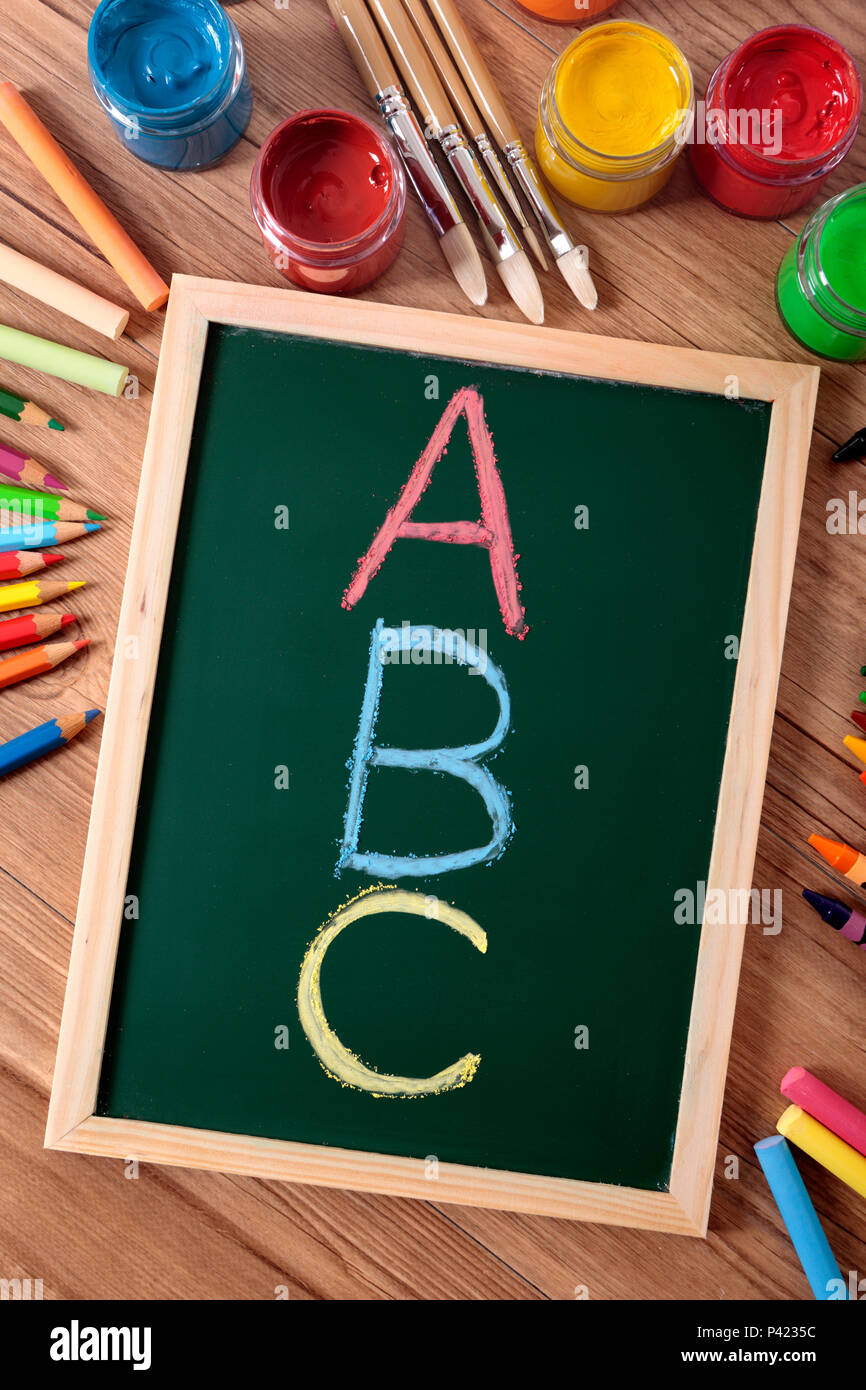 ABC written in color chalk on a small elementary blackboard with ...