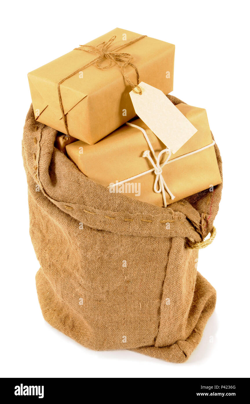 Mail sack or bag with brown paper packages Stock Photo - Alamy