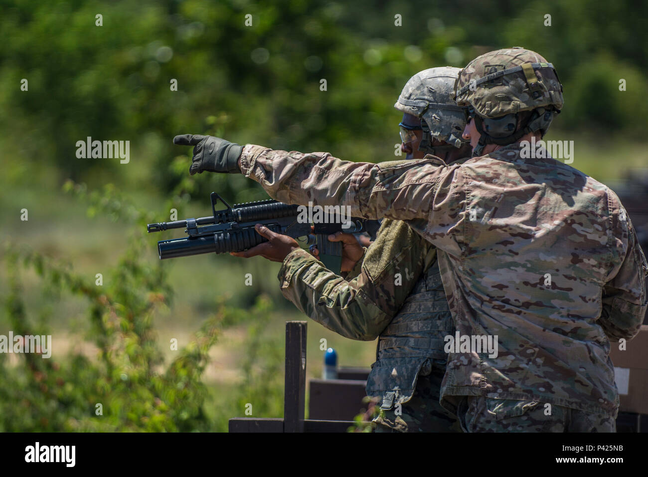 A U.S. Army Range cadre points out targets downrange to a Soldier ...