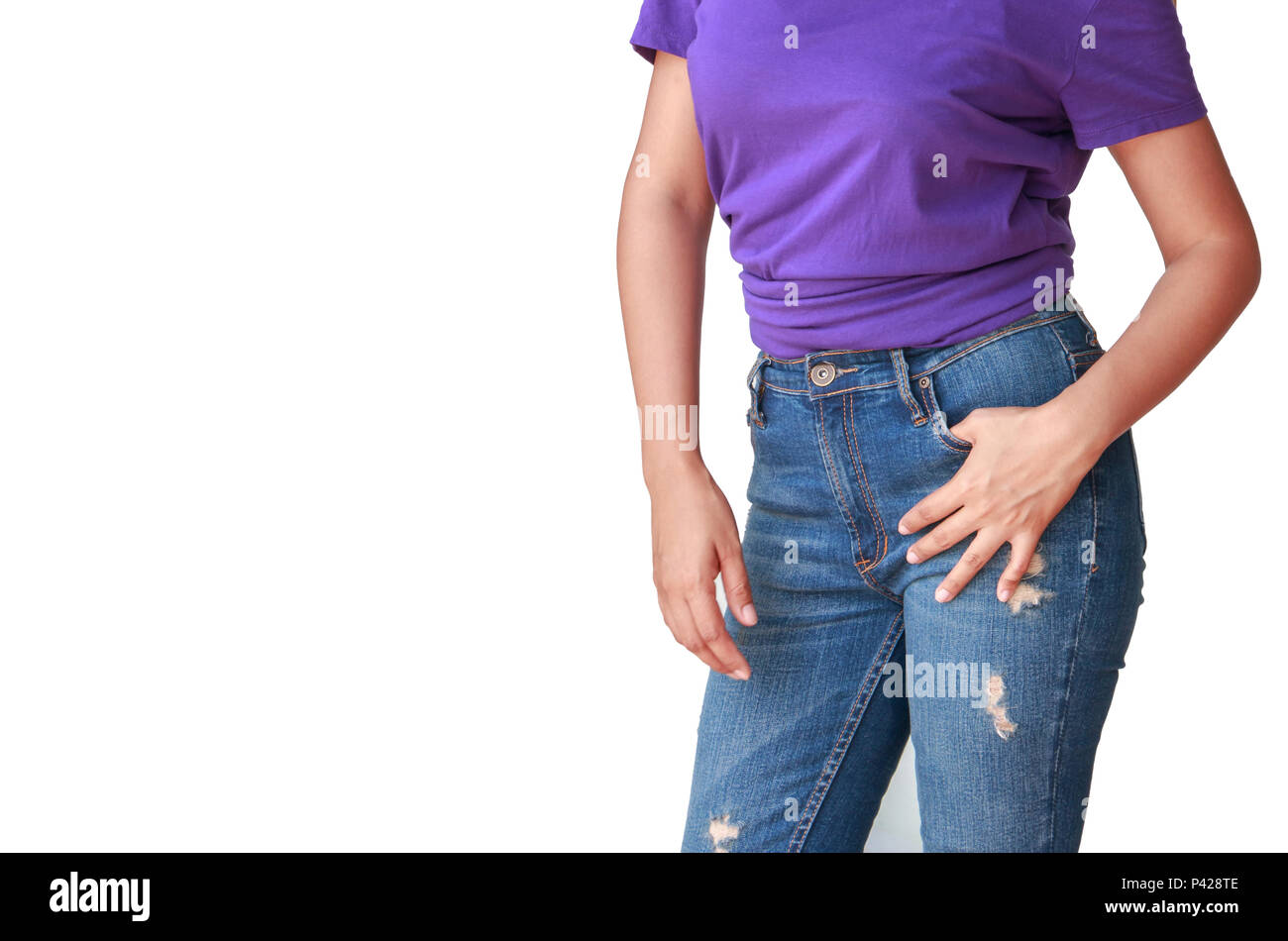 Beautiful body woman with Purple T-shirt and blue jeans isolated on ...