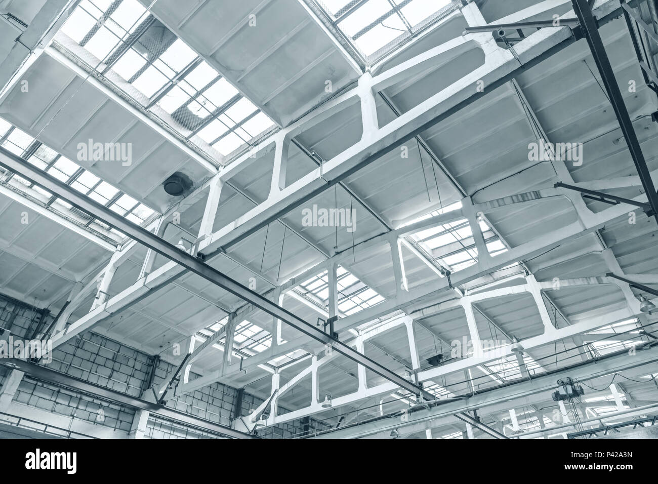 ceiling of industrial building inside bottom view. roof with top ...