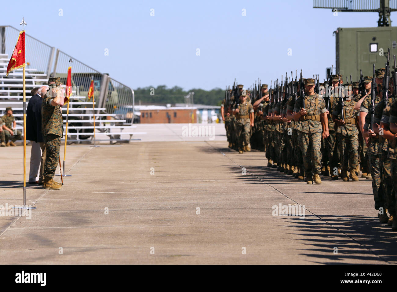 Marines with the 2nd Marine Aircraft Wing perform a pass-in-review for ...