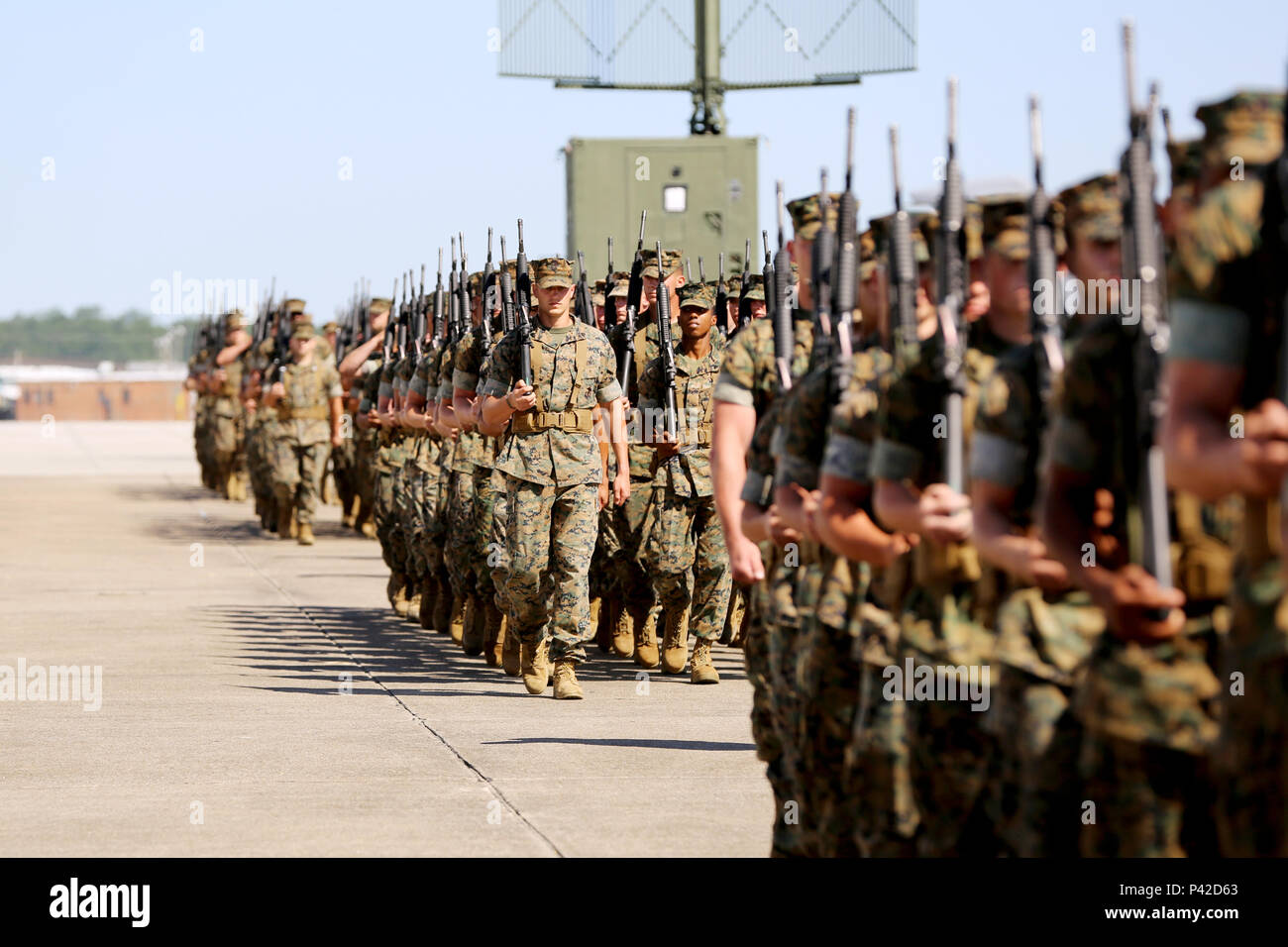 Marines with the 2nd Marine Aircraft Wing perform a pass-in-review for ...