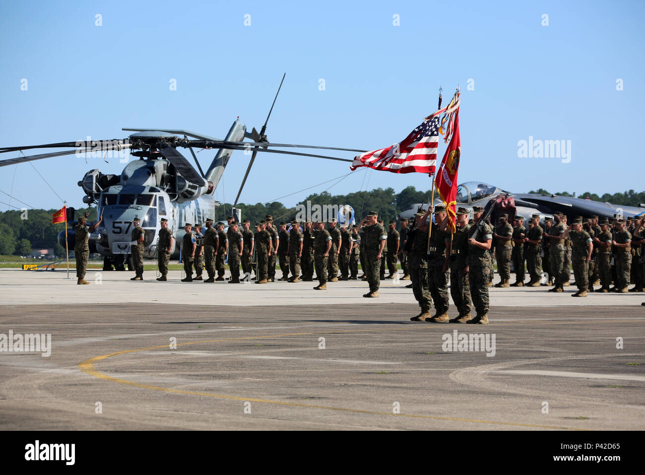 Marines with the 2nd Marine Aircraft Wing perform a pass-in-review for ...