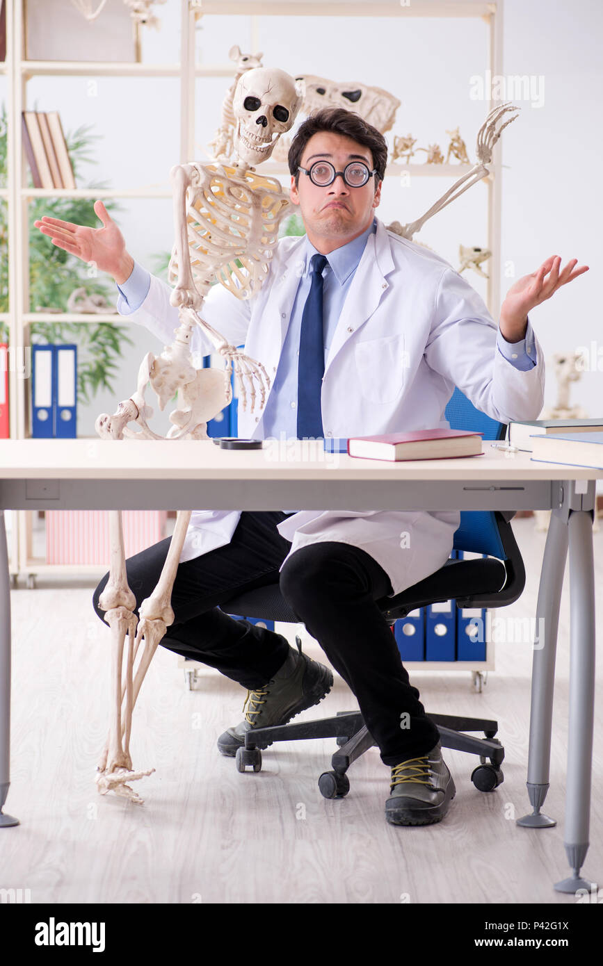 Crazy professor studying human skeleton Stock Photo - Alamy