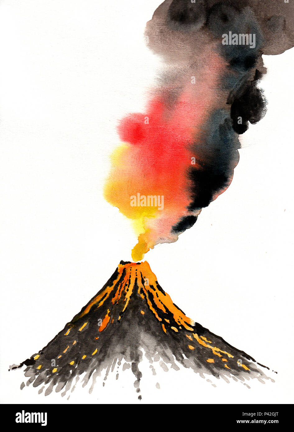 Erupting volcano. Ink and watercolor painting Stock Photo - Alamy