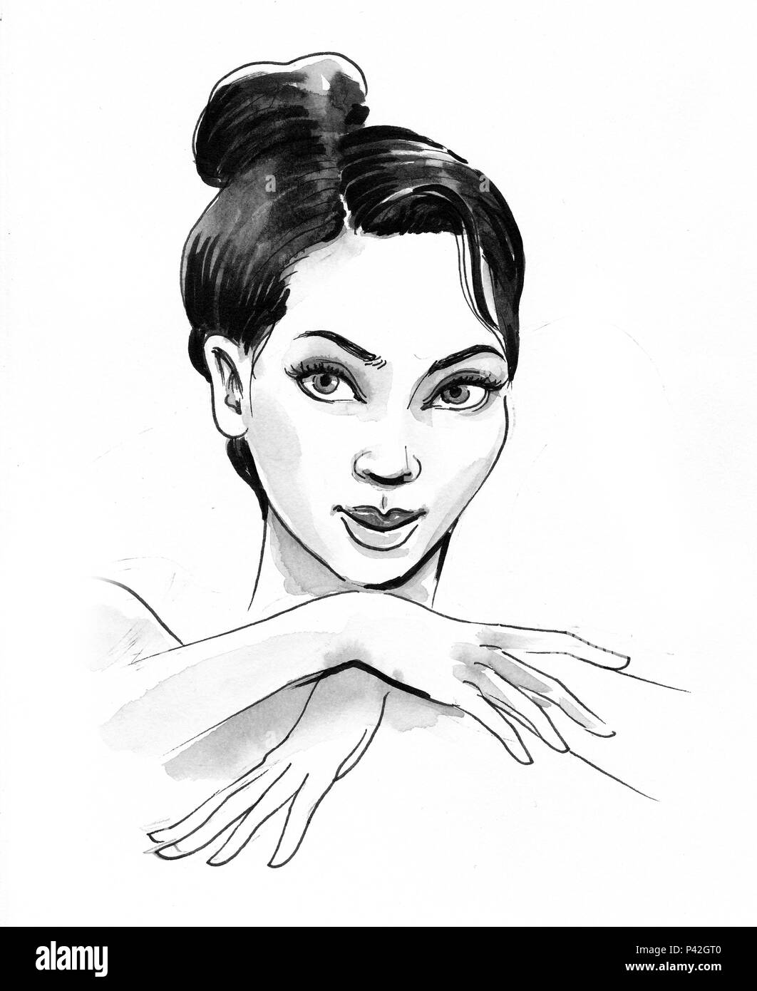 Pretty brunette lady. Ink black and white illustration Stock Photo - Alamy