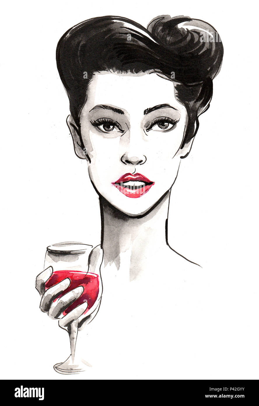 Lady with a glass of red wine Stock Photo - Alamy