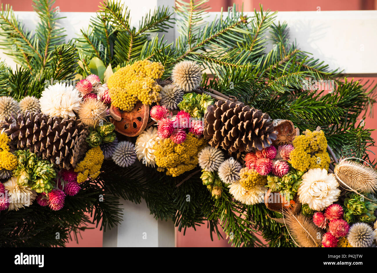 Extreme closeup of a section of a crafted Christmas wreath in the ...