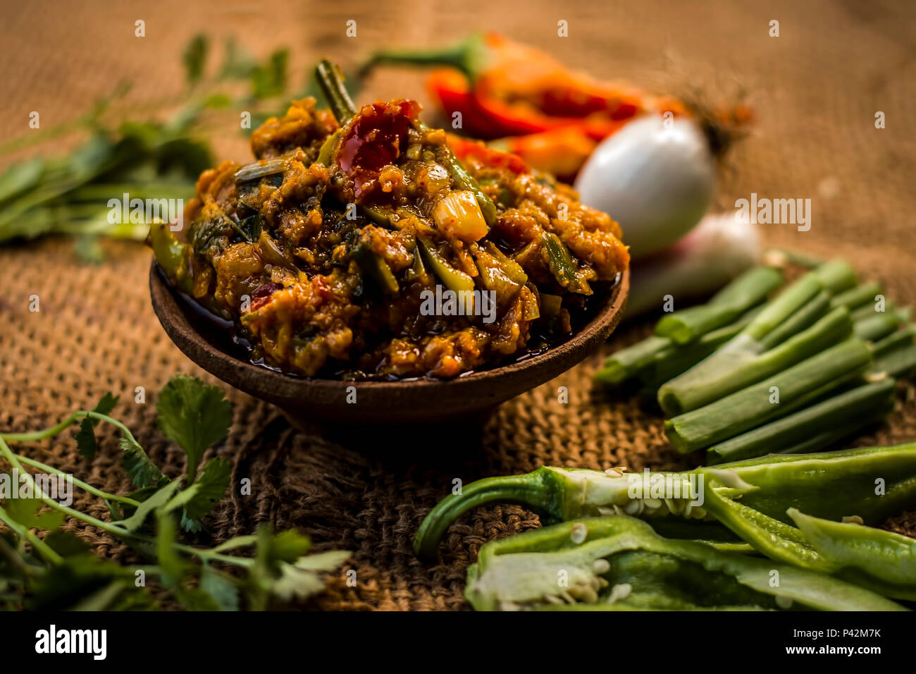 Close up of Indian Dish eaten in winter season Baingan ka Bharta with ...